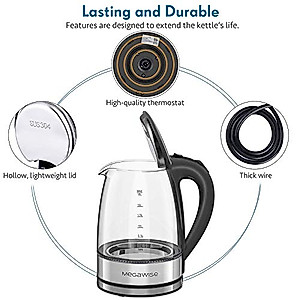 MegaWise 1500W Electric Kettle, 1.8L Borosilicate Glass Tea Kettle with LED Light, Auto Shut-Off and Boil-Dry Protection Cordless Kettle Fast Boiling, BPA Free
