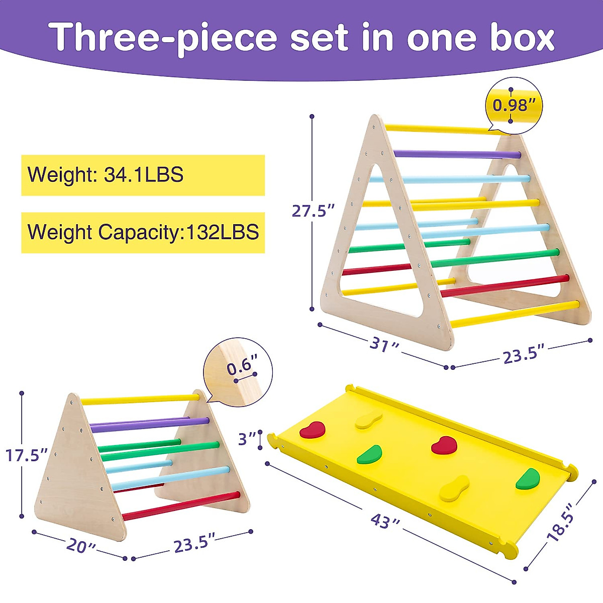 Wonline 3 in 1 Triangle Climber with Ramp Wooden Toddler Climbing Triangle Toys for Sliding and Climbing, 3-Piece Set Play Equipment for Kids Boys Girls Toddler Gym Play Set