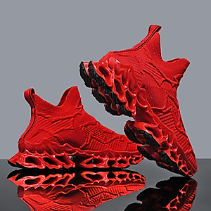 Poramea Mens Slip on Loafers Walking Tennis Shoes Laceless Jogging Blade Sneakers Mesh Trail Running Casual Athletic Red Size 12 Women/11 Men