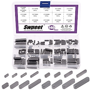 Swpeet 140Pcs 16 Sizes Carbon Steel 3mm 4mm 5mm 6mm Round Ended Feather Key Parallel Drive Shaft Keys Set Key Stock Assortment for Fasteners Mechanical Industry