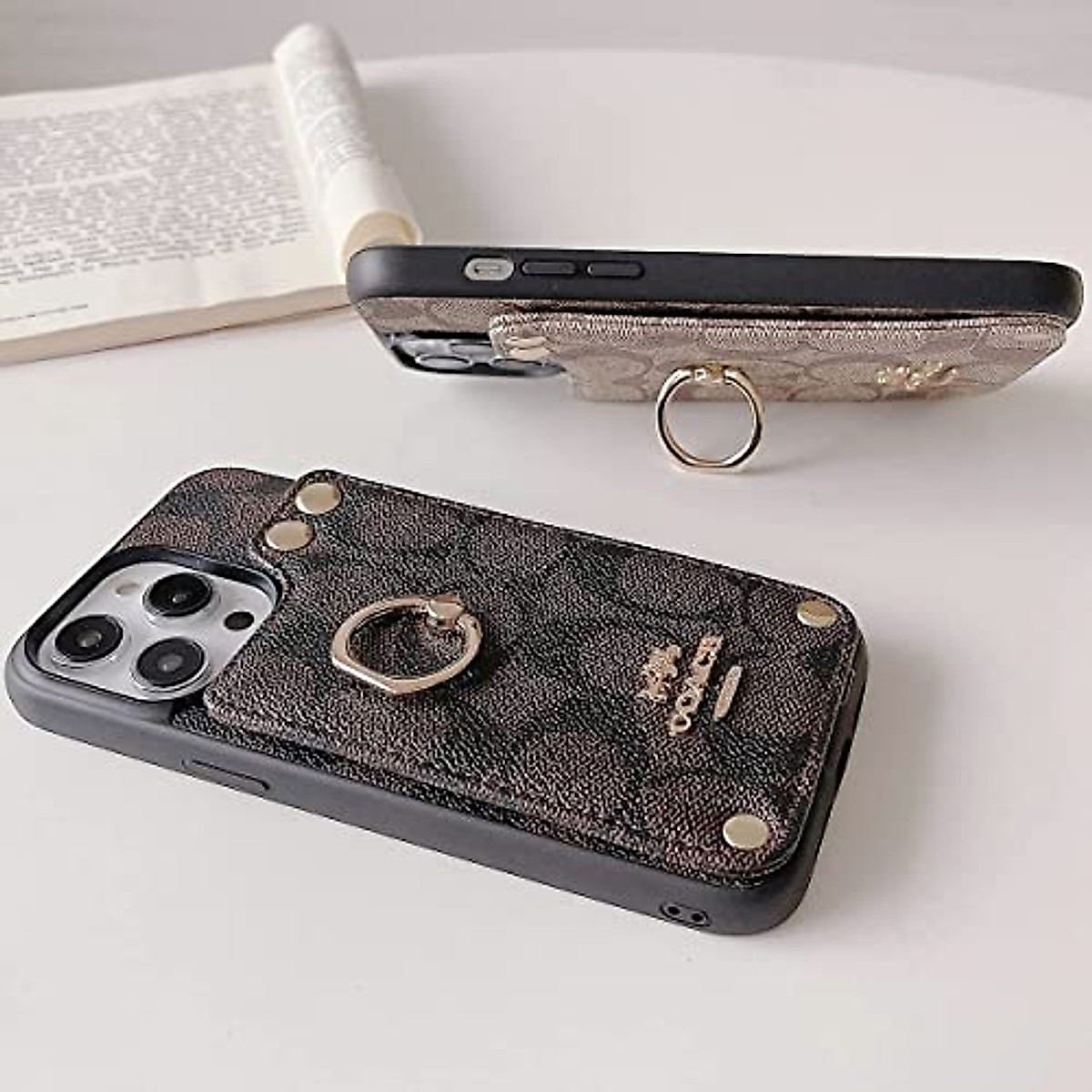 Luxury Wallet Case with Designed Leather and Card Holder, 360°Rotation Ring Kickstand, RFID Blocking Protective for Apple iPhone 13 Pro Max 6.7''（Black）