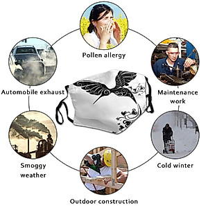 Black And White Fashion Face mask Hummingbird With Hearts Tail And Swirled Feathers Monochrome Animal,Reusable Face Mask Balaclava Washable Outdoor Nose Mouth Cover for Men Women,Black And White