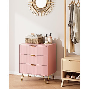Aobafuir 3 Drawer Dresser for Bedroom, Modern Closet Dressers Chest of Drawers, Storage Dresser Chest Cabinet Organizer Unit, Small Fluted Dresser for Bedroom (Pink Stripe)
