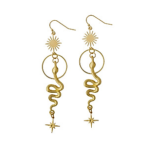 Sacina Gothic Sun Star Snake Earrings, Gold-Plated- Brass Snake Sun Star Pendant, Celestial Earrings, Goth Halloween Christmas New Year Jewelry Gift for Women