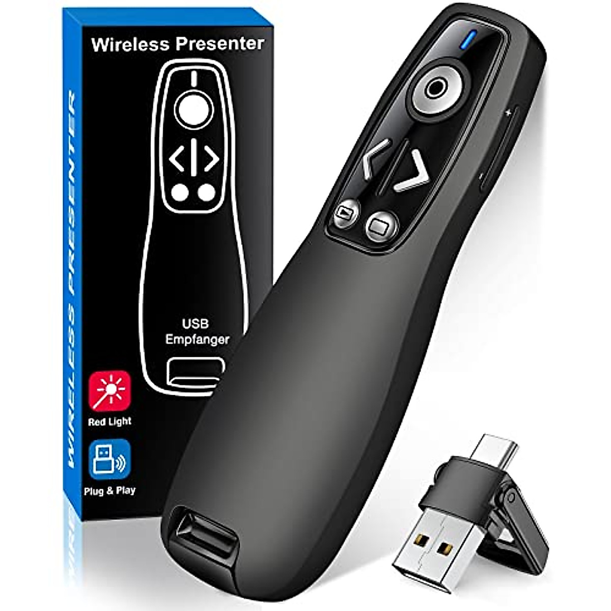 2-in-1 USB Type C Presentation Clicker Wireless Presenter Remote for PowerPoint, Powerpoint Clicker with Hyperlink & Volume Control PowerPoint Slide Advancer for Mac, Computer, Laptop