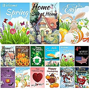 Seasonal Garden Flag Set of 12 12x18 Inch Double Sided Yard Flag Welcome Spring Summer Garden Flags for All Seasons, Easter Christmas Garden Flag for Outside Holiday Decorations