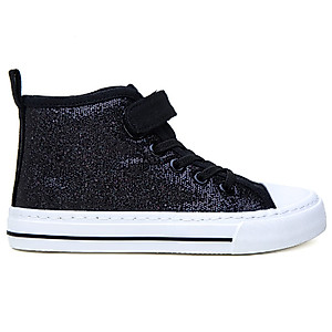 Toandon Kids Girls Boys Sneakers Glitter Sparkle Shoes Toddler Child Slip On High Top Toddler Adjustable Hook Loop Straps Velcro Non-Slip Lightweight Grey Black Size 2