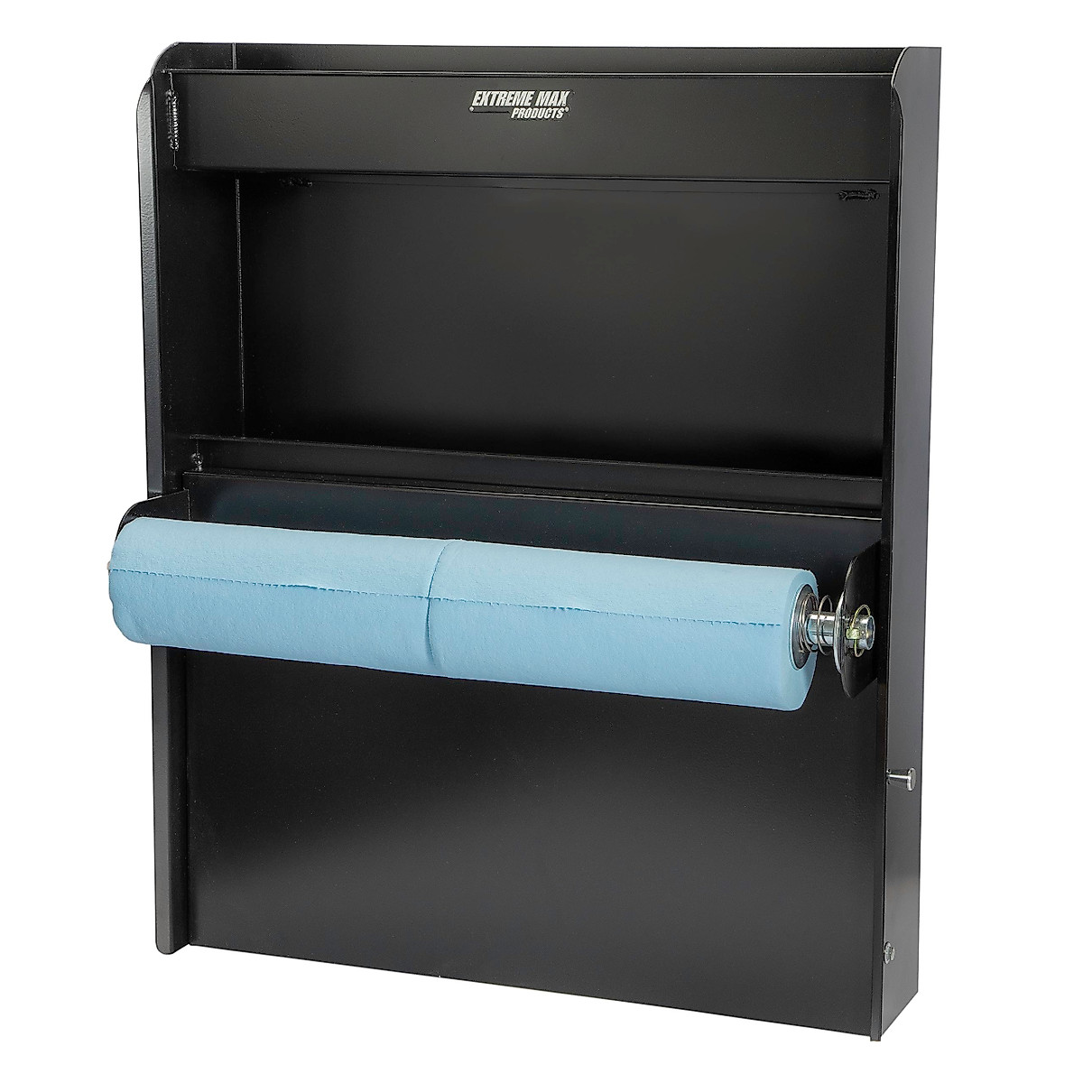 Extreme Max 5001.6037 Aluminum Work Station Storage Cabinet w/Flip-Out Work Tray & Paper Towel Rack Organizer for Enclosed Race Trailer, Shop, Garage, Storage - Black