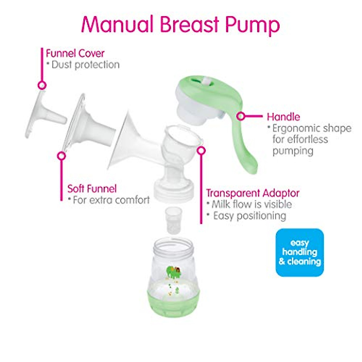 MAM Manual Breast Pump Portable Breast Pump with Easy Start Anti-Colic Baby Bottle Includes 2 Bottle Nipples 1-Count Green One Size