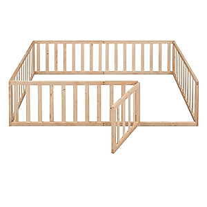 LostCat Full Size Wood Floor Bed Frame with Fence, Montessori Floor Bed w/Door, Kids Noise Free Beds, No Box Spring Needed, Easy Assembly, for Children, Natural