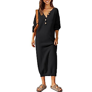 LILLUSORY Long Sweater Dress for Women 2023 Winter Oversized Pullover Plus Size Knit V Neck Sweaters Waffle Knitted Maxi Dresses Black