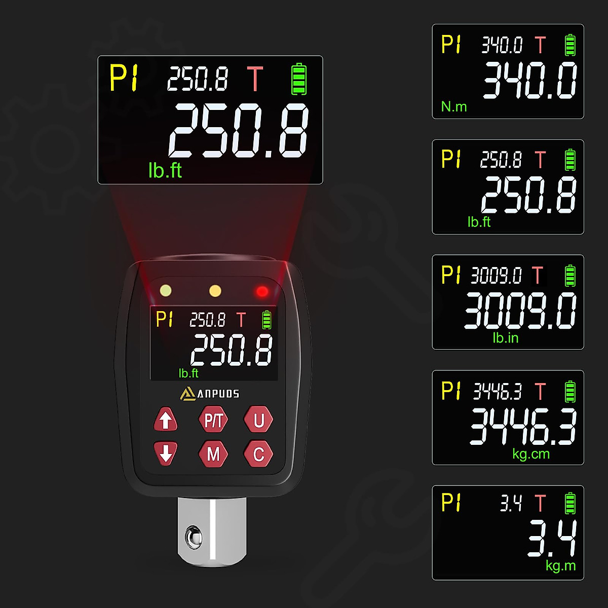 ANPUDS 1/2" Digital Torque Adapter, 12.5-250.8 Ft-lb/17-340 Nm, Digital Torque Wrench Converter with ±1% Accuracy, Preset Value, Data Storage, Buzzer & LED Indicators, 3/8'' & 1/4'' Adapters for Car