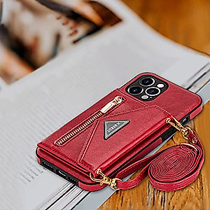 KUDEX Wallet Case for iPhone 13 Pro Max,Slim Fit Card Holder Case with Crossbody Strap Leather Magnetic Handbag Protective Folding Case Cover for Women Girl for iPhone 13 Pro Max 6.7" 2021(Red)