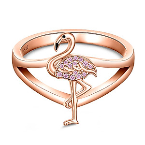 Flamingo Ring for Women Sterling Silver Cute Bird Rose Gold Pink Flamingo Wedding Rings Animal Engagement Finger Band Jewelry Gifts Size 8