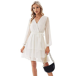 GRACE KARIN Women's Chiffon Wrap V Neck Fringe Sleeve Swiss Dot Dress Elastic High Waist Wedding Guest Dress with Belt White L