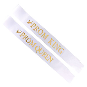 BAHABY Prom King and Prom Queen Satin Sash - Graduation Party School Party Accessories Bachelorette Party Wedding Bridal Shower Party Favors, White with Gold Print
