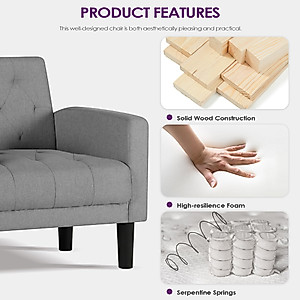 TYBOATLE Light Grey Linen Fabric Mid-Century Modern Sofa Set 3 Pieces, Tufted Linen Fabric USB Loveseat Couch with 2 Cupholders and 2 Accent Armchairs for Living Room, Bedroom, Apartment