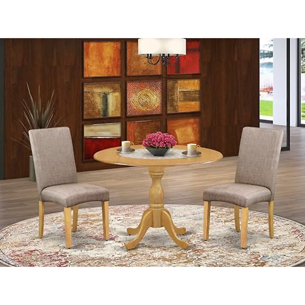 East West Furniture DMDR3-OAK-16 3 Piece Dining Room Table Set Contains a Round Kitchen Table with Dropleaf and 2 Dark Khaki Linen Fabric Parson Dining Chairs, 42x42 Inch, Oak