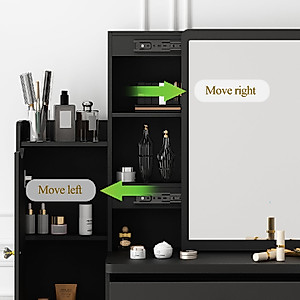 ROMSHINE Small Vanity Desk with Mirror, Makeup Vanity with Shelves & 4 Drawers, Vanity Table Set for Bedroom, Sliding Mirror, Cushioned Stool, Space-Saving, Black, 35.2”W x 15.7”D x 52.4”H