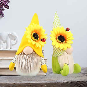 3 Pieces Sunflower Summer Gnomes Sunflower Garden Plush Doll Honey Bee Fall Decorations Scandinavian Tomte Swedish Sunflower Elf for Farmhouse Kitchen Decor, Rustic Buffalo Plaid Ladybug