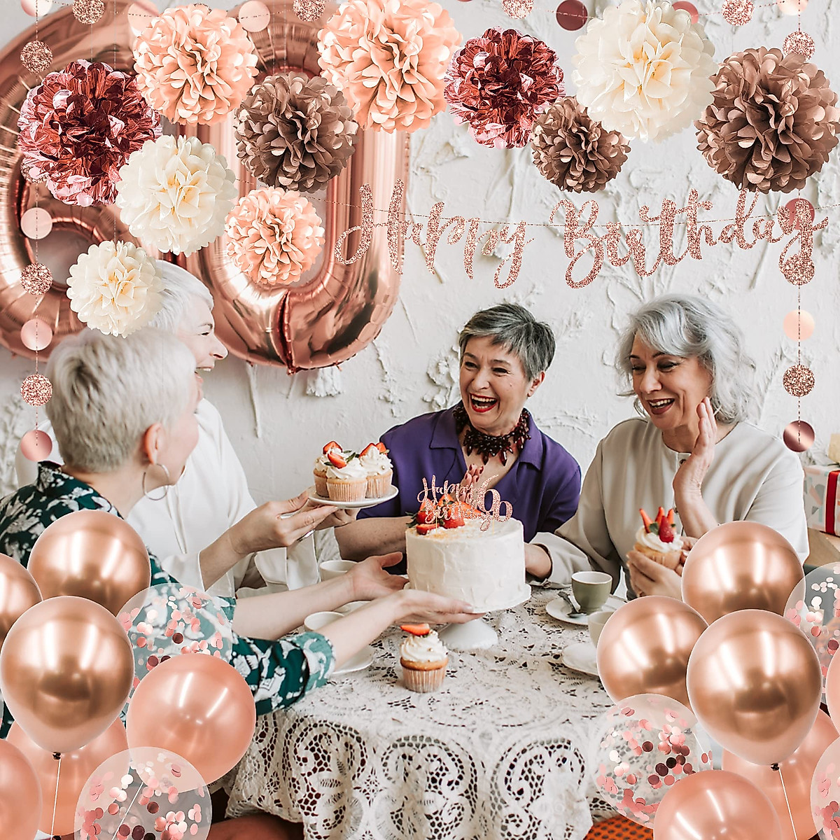 60th Birthday Party Decorations Rose Gold Decor Party Supplies Tissue Pom Poms Paper Circle Dots Garlands, Hanging Party Supply Set for 60th Anniversary Decorations Birthday Party Backdrop
