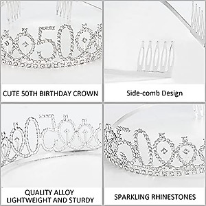 Tihebax 50th Birthday Sash and Crown/Tiara Set 50th Birthday Gifts for Women 50th Birthday Decorations Women Bonus 50th Cake Topper Pearl Pin (silver)