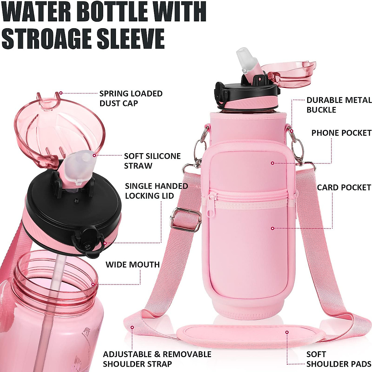 Fimibuke 32 oz Water Bottle with Sleeve - BPA Free Leakproof Sport Large 1L Plastic Motivational Water Bottle with Straw & Strap & Insulated Neoprene Holder Carrier Bag for Women Men(A2.Baby Pink)