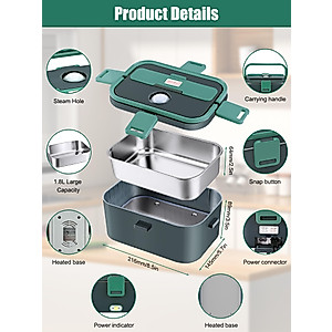 Buddew Electric Lunch Box 80W Food Heater 1.8L Large Capacity Heated Lunch Box 3 in 1 12V/24V/110V Portable Lunch Warmer for Car/Truck/Home/Office with Carry Bag and Fork and Spoon (Gray+Green)