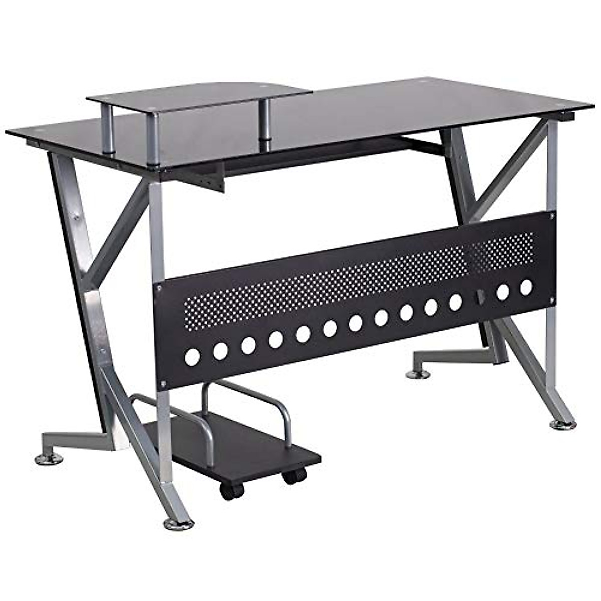 Flash Furniture Singleton Black Glass Computer Desk with Pull-Out Keyboard Tray and CPU Cart
