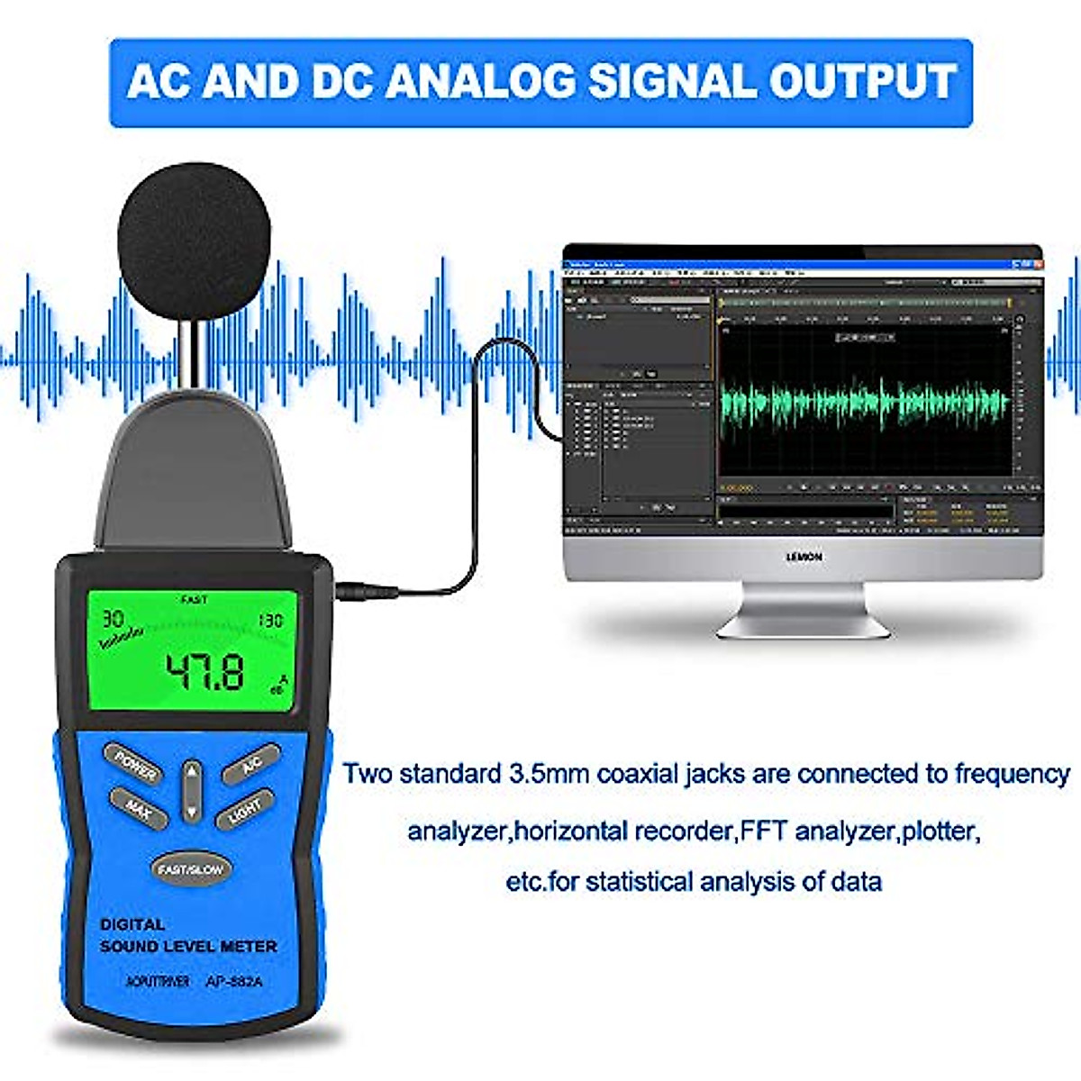 Decibel Meter, Digital Sound Level Meter AP-882A Sound Monitor Tester Range from 30-130dB, Digital Decibel Meter with LCD Backlight/Max Hold/Sensitivity Adjustment and dBA/C Switch (Battery Included)