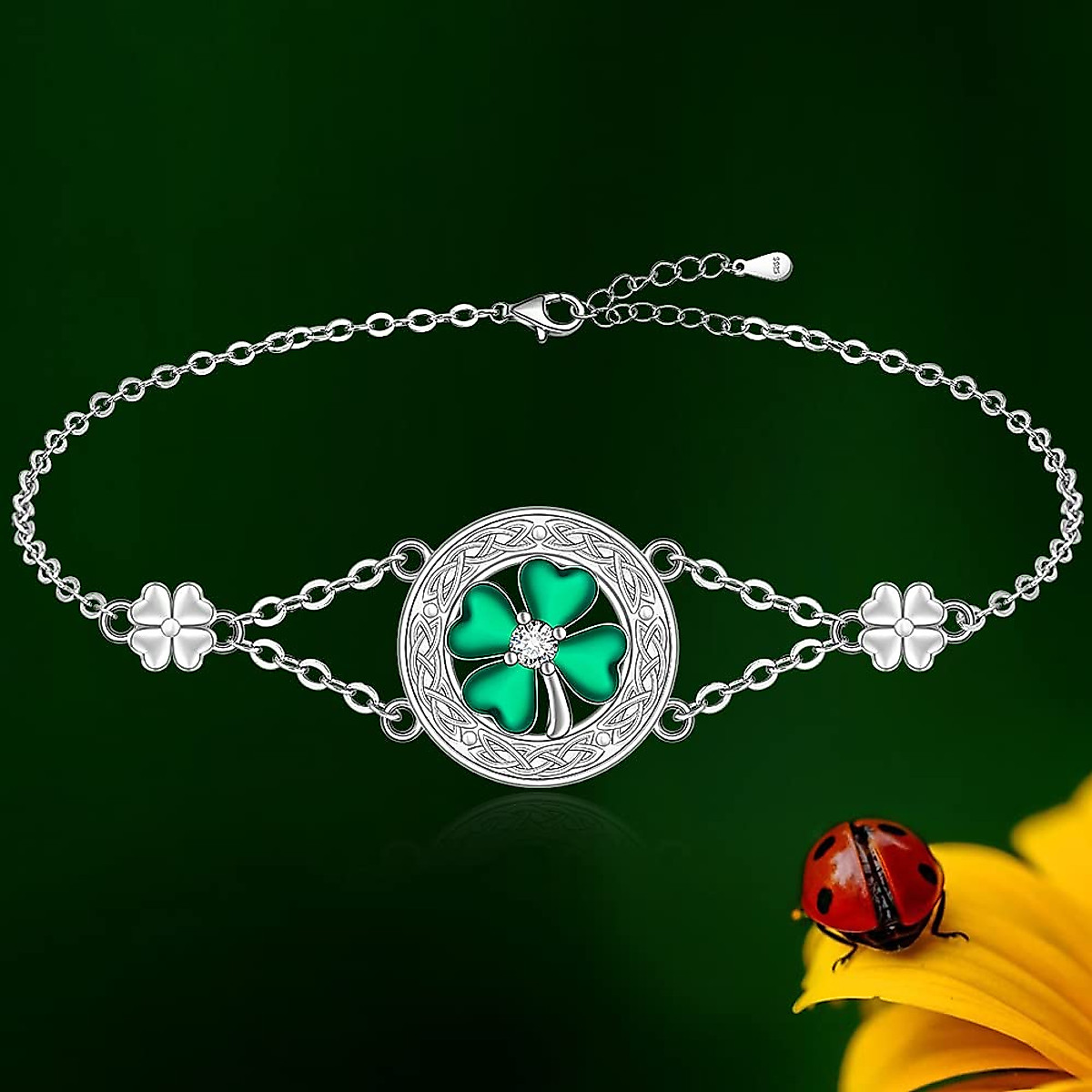 Four Leaf Clover Bracelet for Women St Patricks Day Shamrock Bracelets Sterling Silver Celtic Knot Irish Green Clover Jewelry Charm Lucky Gifts