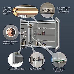 Wemin Smart Home Recessed or Surface 36x30 Inch LED Mirror Medicine Cabinet with Adjustable Color Temp, LED Lighted Medicine Cabinet w/Defogger, Light Color Dimmer(2700-6500K), Outlets & USB (36 x 30)