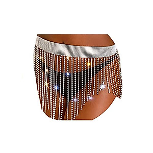 Fstrend Crystal Tassel Body Chains Rhinestone Fringe Skirts Belly Waist Hip Chain Rave Nightclub Jewelry Accessories for Women (Silver)