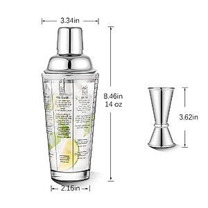 Glass Cocktail Shaker Printed with Recipes,14 oz Martini Shaker with Double Measuring Jigger,18/8 Grade Stainless Steel Mixing Shaker,Leak-Proof Lid,Drink Shaker,Bartender Kit Gifts.