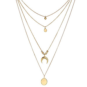 Chargances Bohemia Women Necklace Disc and Moon Necklace Coin Pendant Necklace Delicate Choker Chain Multi layer Necklaces for Women Gold Moon Crescent Disc Jewelry for Women and Girls