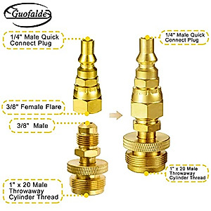 GUOFALDE 1Lb Propane Disposal Adapter Fitting with 1/4" Quick Connect Disconnect Plug，with 1/4’’ Male 1" x 20 Male Throwaway Cylinder Thread, for Convert Portable BBQ Grill, Bubby Heater