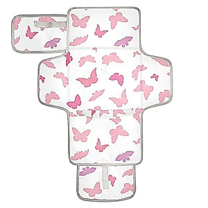 Pink Butterflies Portable Baby Changing Pad Travel Diaper Changing Pad Foldable Waterproof Changing Station with Built-in Pillow for Baby Gifts Stuff Newborn