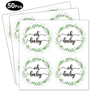 50 Pcs Greenery Baby Shower Thank You Labels, 2 Inch Oh Baby Stickers, Baby Gender Neutral Stickers, Baby Shower Favor Stickers, Thank You Stickers.