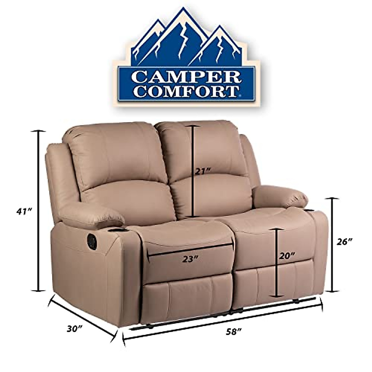 Camper Comfort 58" Wall Hugger Reclining RV Theater Seats | Double Recliner RV Sofa | RV Couch | Wall Hugger Recliner | RV Theater Seating | RV Furniture (Manual, Cappuccino)