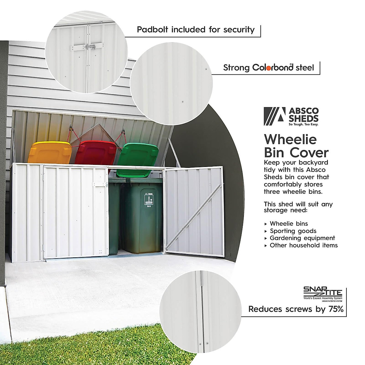 Absco Utility 7.5 Ft. x 2.5 Ft. Garbage Can Metal Storage Shed DIY Galvanized Steel Sheds for Garbage Can, Trash Bin, and Junk Storage Tools, Firewood, Gardening Equipment (Surfmist White)