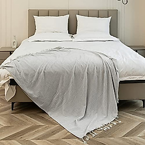 Soft Textured Lightweight Chenille Throw Blanket with Fringe for Travel Bed Sofa and Couch, Light Grey 50 x 60 Inches