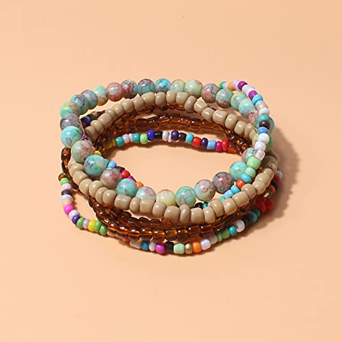 Caiyao Handmade Stackable Colorful Beads 5-6pcs Adjustable Muilty-layered Bracelets Set for Women Boho Multicolor Seed Stretch Wristbands Bohemian Summer Jewelry-2