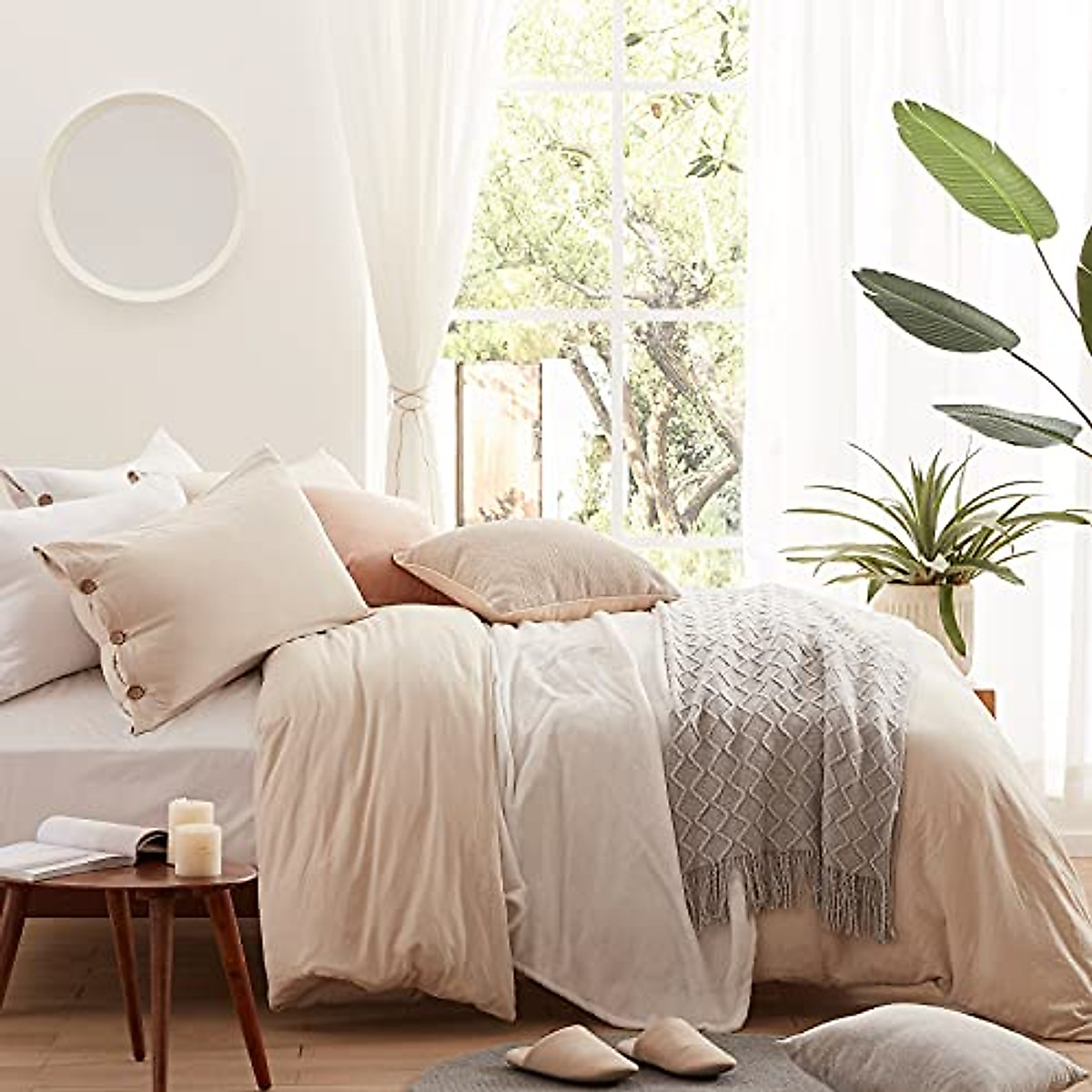 NexHome Beige Duvet Cover Sets King Size 3 Piece Double Brushed Microfiber King Duvet Cover with Button Closure & Corner Ties 1 King Breathable and Soft Duvet Cover 104x90 inches + 2 Pillow Shams