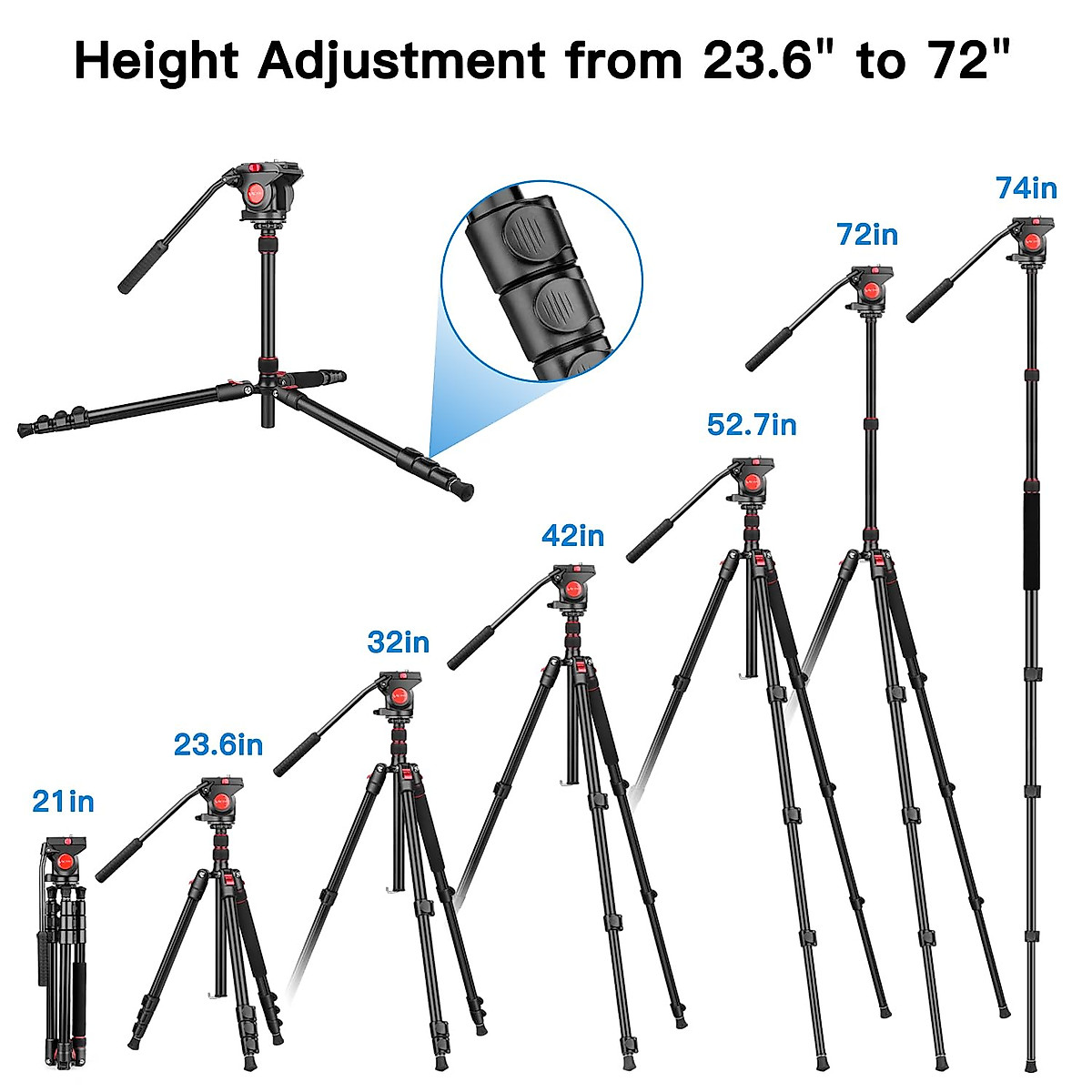 Tripod Camera Tripod, 72" Video Tripod with Fluid Head, Aluminum Heavy Duty Tripod with Carry Bag, Professional Camera Tripods & Monopods, Compatible with Video Camera, DSLR, Camcorder
