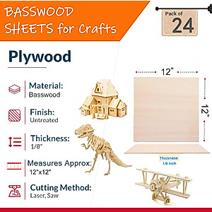 Yaliuliu 24 Pack 12"x12"x1/8" Basswood Sheets for Crafts - 3mm Unfinished Plywood Crafts, Ideal for DIY Ornaments, Drawing, Painting, Engraving, Staining, Model Carving, Wood Burning, Laser Cutting