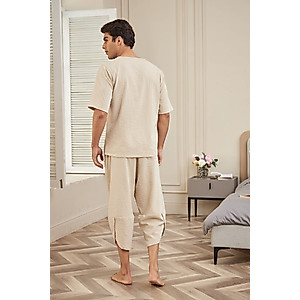 COOFANDY Men's 2 Pieces Linen Set Henley Shirt Short Sleeve and Harem Capri Pants Wide Leg Baggy Beach Yoga Trousers Outfits