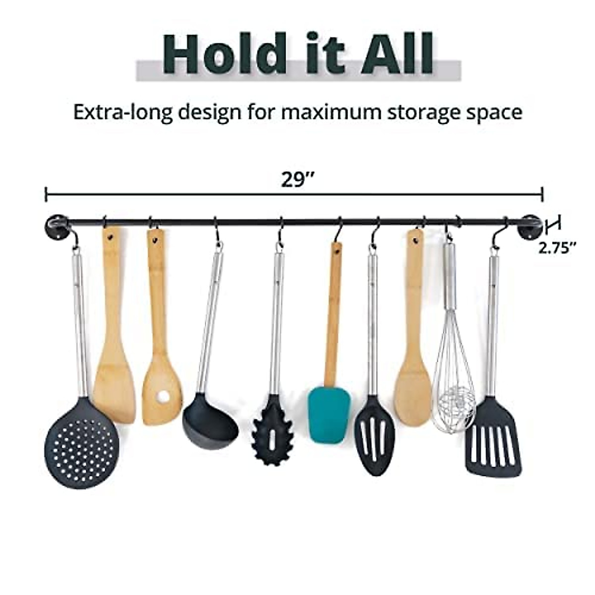 Greenco Pot and Pan Wall Mounted Rail Hanger Racks| Cookware Set and Storage Organization| 15-Hook Hanging Rack | Black Pots and Pans Organizer | Great For Kitchen Shelf