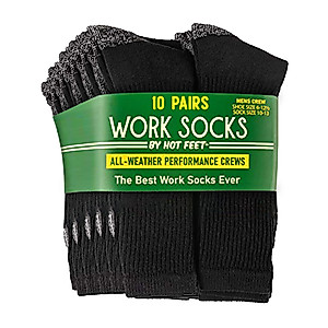 HOT FEET Men's Socks, Cotton Crew Socks for Men, Cushioned Boot Socks for Men, Work Socks for Men, Moisture Wicking Socks Men - Size 10-13, 10 Pairs, Black