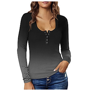 Women's Long Sleeve Tops Casual Fall Henley Shirts Button Down Blouses Gradient Basic Low Round Neck T Shirts