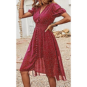 PRETTYGARDEN Red Dress for Women Dressy Bohemian Dress for Beach Pleated Modest Knee Length Swing Dresses Plus Size Vacation Lightweight Dress Casual Floral Dress(Red, Small)